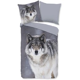 Wendebettw&auml;sche Good Morning "Wolfie", grau, B/L: 135cm x 200cm, 1 Stk., 1 Stk., Flanell, B/L: 80cm x 80cm, 2 Stk., Flanell, Obermaterial: 100% Baumwolle, Bettw&auml;sche, Wendebettw&auml;sche, Flanell, Biber, Winter, Warm, Rei&szlig;verschluss, Wendeoptik, Wolf, Grau