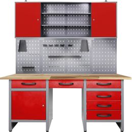 Werkstatt-Set ONDIS24 "Harry", rot (rot, grau), B:160cm H:205cm T:60cm, Metall, Werkb&auml;nke, mit LED Touch-Lampen, inkl. Hakenset
