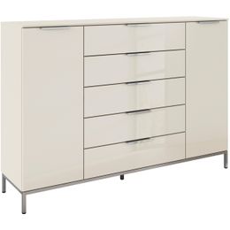 Schubkastenkommode Rauch "Kommode T&uuml;rkommode Sideboard Kombikommode FLIPP mit Glasfront", beige (beige, glas beige (champagner)), B:160cm H:111cm T:42cm, Holzwerkstoff, Sideboards, 2-trg mit 5 Schubladen und Soft-Close-Funktion, Glasfront, 2 Breiten