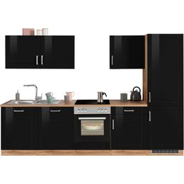 K&uuml;chenzeile KOCHSTATION "KS-Tinnum", schwarz (k&uuml;che: schwarz, korpus: wotaneichefarben, arbeitsplatte: wotaneichefarben), B:300cm T:60cm, Komplettk&uuml;chen-Sets, K&uuml;chenzeile, ohne E-Ger&auml;te, Breite 300 cm