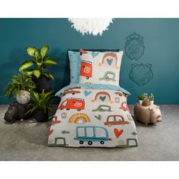 Kinderbettw&auml;sche Good Morning "Move", blau, B/L: 135cm x 200cm, 1 Stk., 1 Stk., Renforc&eacute;, B/L: 80cm x 80cm, 2 Stk., Renforc&eacute;, Obermaterial: 100% Baumwolle, Bettw&auml;sche, Baumwolle, 135x200, Rei&szlig;verschluss, Wendeoptik, Kind, Junge, Fahrzeuge