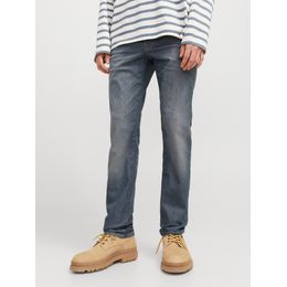 Jack & Jones Slim-fit-Jeans JACK & JONES "JJIGLENN JJICON JJ 619 50SPS NOOS", Damen, Gr. 28, L&auml;nge 32, grau (grau denim), Denim/Jeans, Obermaterial: 93% Baumwolle, 5% Polyester, 2% Elasthan, Abriebeffekte, slim fit kn&ouml;chellang, Jeans Slim-fit-Jeans, mit Five-Pocket-Design