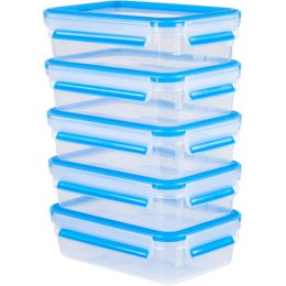 Frischhaltedose Emsa "Clip & Close Set, rechteckig, 100 % dichte Aufbewahrungsboxen", blau (transparent, blau), B:14cm H:5,5cm, Lebensmittelaufbewahrungsbeh&auml;lter, Frischhaltedose, sp&uuml;lmaschinen-, gefrier-, mikrowellenfest, Made in Germany