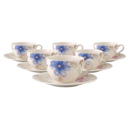 Villeroy & Boch Tasse VILLEROY & BOCH "Fr&uuml;hst&uuml;ckstassen mit Untertassen Mariefleur Gris Basic 290 ml 6er Set bunt", bunt, 6 tlg., Porzellan, Trinkgef&auml;&szlig;e, Tasse