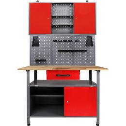 Werkstatt-Set ONDIS24, rot, B:120cm H:205cm T:60cm, Metall, Werkb&auml;nke, inkl. Werkbank, Werkzeugschrank, Lochwand & 22-tlg. Hakenset