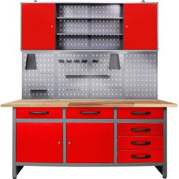 Werkstatt-Set ONDIS24 "Karsten", rot (rot, grau), B:160cm H:205cm T:60cm, Metall, Werkb&auml;nke, 160 cm, mit LED Touch-Lampen, inkl. Hakenset