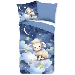 Kinderbettw&auml;sche "Sheepy", blau, B/L: 135cm x 200cm, 1 Stk., 1 Stk., Microfaser, B/L: 80cm x 80cm, 2 Stk., Microfaser, Obermaterial: 100% Polyester, PURE LUXURY COLLECTION, Bettw&auml;sche, Mikrofaser, 135x200, 2 Teilig, Wendeoptik, Kind, Schaf, Weltall