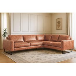 Ecksofa Home Affaire "Pinto, XXL, 250/290 cm, langer Schenkel, Ottomane", braun (cognac), B:290cm H:85cm T:250cm, Luxus-Microfaser in Lederoptik(100% Polyester);Cord (92% Polyester, 8% Polyamide), Sofas, Ecksofa, Cord, Chenille, Lederoptik, mit Keder, Metallf&uuml;&szlig;e, Wellenunterfederung