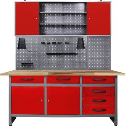 Werkstatt-Set ONDIS24 "Karsten", rot (rot, grau), B:160cm H:205cm T:60cm, Metall, Werkb&auml;nke, 160 cm, h&ouml;henverstellbar, inkl. Hakenset