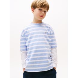 T-Shirt Tommy Hilfiger "INTERLOCK STRIPE HTR T-SHIRT SS", Jungen, Gr. 8 (128), blau (cloudy blau heather stripe), Single Jersey, Obermaterial: 60% Baumwolle, 40% Polyester, gestreift, regular fit h&uuml;ftlang, Rundhals, Shirts T-Shirt, f&uuml;r Kinder bis 16 Jahre, mit kleinem Flag-Label