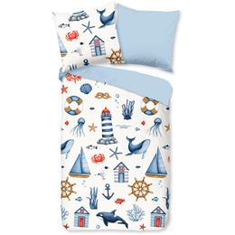 Kinderbettw&auml;sche Good Morning "Ahoy", blau, B/L: 135cm x 200cm, 1 Stk., 1 Stk., Renforc&eacute;, B/L: 80cm x 80cm, 2 Stk., Renforc&eacute;, Obermaterial: 100% Baumwolle, Bettw&auml;sche, 100% Baumwolle, Rei&szlig;verschluss, Wendeoptik, Baby, Kind, Maritim