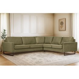 Ecksofa Home Affaire "Pinto, XXL, 250/290 cm, langer Schenkel, Ottomane", gr&uuml;n (khaki), B:290cm H:85cm T:250cm, Luxus-Microfaser in Lederoptik(100% Polyester);Cord (92% Polyester, 8% Polyamide), Sofas, Ecksofa, Cord, Chenille, Lederoptik, mit Keder, Metallf&uuml;&szlig;e, Wellenunterfederung