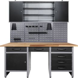 Werkstatt-Set ONDIS24 "Harry", schwarz (anthrazit, grau, schwarz), B:160cm H:205cm T:60cm, Metall, Werkb&auml;nke, h&ouml;henverstellbar, inkl. 22-tlg. Hakenset