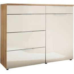 Kombikommode Wiemann "Como", bianco, eiche, dekor, glas champagner, chrom, B:100cm H:91,2cm T:43cm, Floatglas, Holzwerkstoff, Metall, Sideboards, Kombikommode, vormontiert