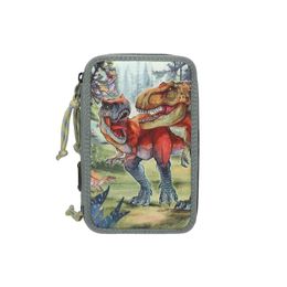 Buntstift Depesche "3-Fach Federtasche BITE inkl. Stifte Dino World 20 x 13 x 7,5 cm grau-gr&uuml;n", Kinder, bunt (grau, gr&uuml;n), Kunststoff, Stifte