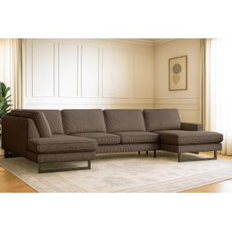 Wohnlandschaft Home Affaire "Pinto, 350 cm, U-Form, XXL, mit Ottomanen", braun, B:350cm H:85cm T:206cm, 92% Polyester, 8% Nylon, Sofas, Wohnlandschaft, Cord, Chenille, Lederoptik, mit Keder, Metallf&uuml;&szlig;e, Wellenunterfederung