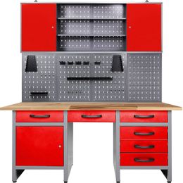 Werkstatt-Set ONDIS24 "Harry", rot (rot, grau), B:160cm H:205cm T:60cm, Metall, Werkb&auml;nke, h&ouml;henverstellbar, inkl. 22-tlg. Hakenset