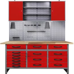Werkstatt-Set ONDIS24 "Konny", rot (rot, grau), B:160cm H:205cm T:60cm, Edelstahl, Werkb&auml;nke, 160 cm, inkl. Hakenset