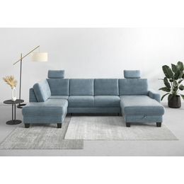 Wohnlandschaft Home Affaire "Summer U-Form", blau (blau, grau), B:314cm H:91cm T:170cm, 100% Polyester, Sofas, Wohnlandschaft, mit oder ohne Bettfunktion und Bettkasten, wengefarbene Holzf&uuml;&szlig;e