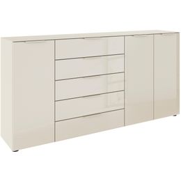 Kombikommode Rauch "Kommode T&uuml;rkommode Sideboard Kombikommode FLIPP mit Glasfront", beige (beige, glas beige (champagner)), B:200cm H:99cm T:42cm, Holzwerkstoff, Sideboards, Kombikommode, 3-t&uuml;rig, 5 Schubladen, Soft-Close-Funktion, Oberboden und Front Glas
