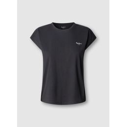 T-Shirt Pepe Jeans "BLOOM", Damen, Gr. S, schwarz, Single Jersey, Obermaterial: 100% Baumwolle, bedruckt, unifarben, slim fit h&uuml;ftlang, Rundhals, abgesteppte Kante, Shirts T-Shirt, im Slim Fit, Rundhals