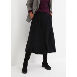Midirock bonprix, Damen, Gr. 38, schwarz, Web, Obermaterial: 70% Viskose, 25% Polyester, 5% Elasthan, unifarben, ausgestellt kniebedeckend, R&ouml;cke, aus weichem Materialmix, ausgestellte Passform
