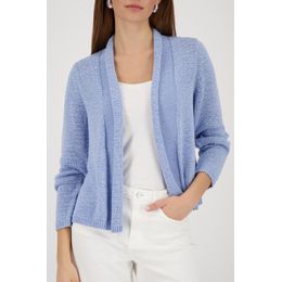 Strickjacke monari "Jacke Strick&uuml;berwurf Basic", Damen, Gr. 44, blau (light sky), Strick, Obermaterial: 57% Polyacryl, 43% Polyamid, unifarben, regular fit normal, ohne Ausschnitt, eingesetzt B&uuml;ndchen, Strickjacken Strickjacke, Schalkragen, Regular Fit