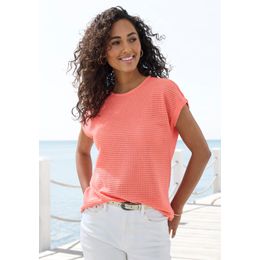 Kurzarmshirt Vivance "aus b&uuml;gelfreiem Waffelstrick", Damen, Gr. 32/34, rot (apricot), Strick, Obermaterial: 64% Polyester, 34% Viskose, 2% Elasthan, leicht transparent, unifarben, bequem, Rundhals, Shirts, Topseller