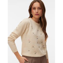 V&eacute;ro Moda Wollpullover VERO MODA "VMFIORELLA EMB LS O-NECK SHORT PULL BOO", Damen, Gr. M, birch detail:solid with embroidery, Strick, Obermaterial: 79% Polyester, 13% Polyacryl, 5% Wolle, 3% Elasthan, bestickt, unifarben, regular fit normal, Rundhals, Strickb&uuml;ndchen, Pullover, mit Blumenstickerei