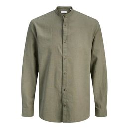 Jack & Jones Langarmhemd JACK & JONES "JJESUMMER LINEN BLEND BAND SHIRT L/S SN", Herren, Gr. L, N-Gr, dusty olive, Web, Obermaterial: 70% Baumwolle, 30% Leinen, unifarben, regular fit normal, 1-Knopf-Manschette, Hemden, Baumwollmischung, regular fit