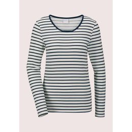 Madeleine Mode Langarmshirt MADELEINE "Ringelshirt Kurzes Rundhals-Shirt", Damen, Gr. 44, wei&szlig; (wollwei&szlig;, marine), Obermaterial: 95% Viskose CV. 5% Elasthan EL., Modern, normal, Shirts Langarmshirt