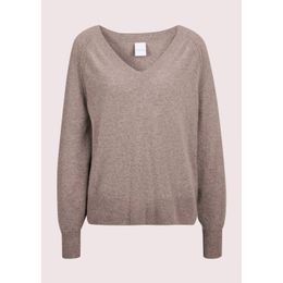 Madeleine Mode Longpullover MADELEINE "Pullover V-Pullover mit Kaschmir", Damen, Gr. 36/38, beige (cappuccino), Obermaterial: 90% Schurwolle WV. 10% Kaschmir WS., Modern, normal, V-Ausschnitt, Pullover Longpullover