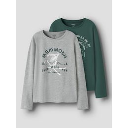 Langarmshirt name it "NKMVUX 2P LS TOP", Jungen, Gr. 122/128, grau melange pack:bistro gr&uuml;n adventure, Jersey, Obermaterial: 95% Baumwolle, 5% Elasthan, bedruckt, regular fit normal, Rundhals, Shirts Langarmshirt