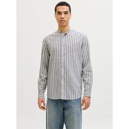 Jack & Jones Langarmhemd JACK & JONES "JJESUMMER LINEN BLEND BAND SHIRT L/S SN", Herren, Gr. S, N-Gr, vetiver stripes:stripes, Web, Obermaterial: 70% Baumwolle, 30% Leinen, gestreift, regular fit normal, 1-Knopf-Manschette, Hemden, Baumwollmischung, regular fit