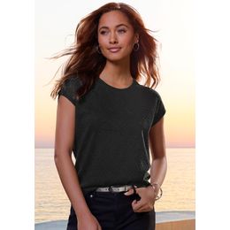 Rundhalsshirt Lascana "mit funkelnden Pailetten", Damen, Gr. 36/38, blau (schwarz), Strick, Obermaterial: 98% Polyester, 2% Elasthan, Glitzermuster, leicht durchscheinend, bequem, Rundhals, Shirts Rundhalsshirt, aus hochwertiger Ajour-Qualit&auml;t