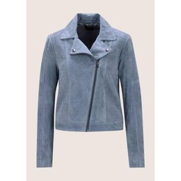 Madeleine Mode Lederjacke MADELEINE "Lederjacke Kurze Bikerjacke aus softem Ziegenvelours", Damen, Gr. 42, blau (rauchblau), Obermaterial: 100% Ziegenveloursleder GOVL., Modern, normal, Jacken