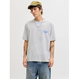 Jack & Jones Kurzarmshirt JACK & JONES "JORNORREBRO TYPO TEE SS CREW NECK NOOS", Herren, Gr. L, wei&szlig; melange print:ss 26, Jersey, Obermaterial: 100% Baumwolle, bedruckt, meliert, relaxed fit normal, Rundhals, Shirts, Baumwolle, relaxed fit