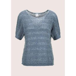 Madeleine Mode Longpullover MADELEINE "Pullover B&auml;ndchen-Pullover mit Glanz-Effekt", Damen, Gr. 44/46, blau (rauchblau), Obermaterial: 55% Baumwolle CO. 45% Polyester PES., Modern, normal, Pullover Longpullover
