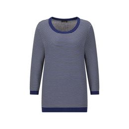 Rundhalspullover GOLDNER "Halbarm Ringelpullover aus Baumwolle", Damen, Gr. 46, blau (marine, gemustert), Obermaterial: 100% Baumwolle CO., Pullover Rundhalspullover