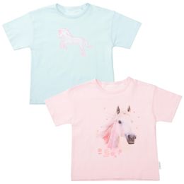 T-Shirt STACCATO, M&auml;dchen, Gr. 92/98, powder rose, ice blau, Single Jersey, Obermaterial: 92% Baumwolle, 8% Elasthan, bedruckt, normal h&uuml;ftbedeckend, Rundhals, Shirts T-Shirt, 2er Pack, mit Pferde-Motiv, f&uuml;r Girls