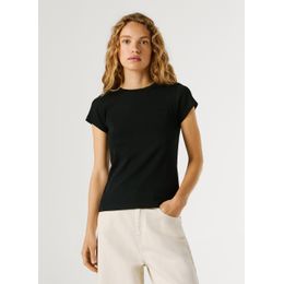 T-Shirt Pepe Jeans "MERIDA", Damen, Gr. XL, schwarz, Feinripp, Obermaterial: 95% Baumwolle, 5% Elasthan, bestickt, unifarben, h&uuml;ftlang, Rundhals, abgesteppte Kante, Shirts T-Shirt, aus elastischem Rippstoff, Rundhalsform