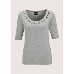 Madeleine Mode Kurzarmshirt MADELEINE "Shirt Elegantes Oberteil mit Schmucksteinen", Damen, Gr. 34, grau (graphit, melange), Obermaterial: 95% Viskose CV. 5% Elasthan EL., Modern, Shirts