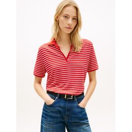 Poloshirt Tommy Hilfiger "LYOCELL PIQUE OPEN-NK SS POLO", Damen, Gr. XL (46), small brt stp fireworks, calico, Single Jersey, Obermaterial: 65% Lyocell, 32% Baumwolle, 3% Elasthan, gestreift, gerade normal, V-Ausschnitt, Shirts, mit kleinem Logo-Stick