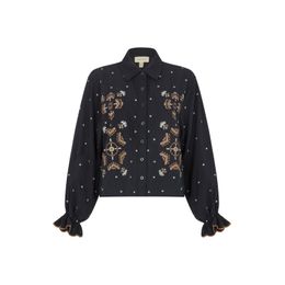 Hemdbluse RAFFYA "Penny Boxy Embroidered Shirt Damen", Damen, Gr. 38, navy, 70% Viskose, 30% Leinen, Blusen Hemdbluse