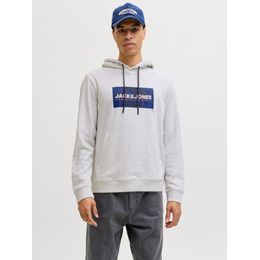 Jack & Jones Kapuzensweatshirt JACK & JONES "JJCOLE PRINT SWEAT HOOD UNB", Herren, Gr. L, wei&szlig; melange, angeraute Sweatware, Obermaterial: 60% Baumwolle, 40% Polyester, bedruckt, meliert, regular fit, Rippb&uuml;ndchen, Sweatshirts