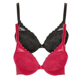 Push-up-BH LISCA "2er Pack Push up BH Evelyn", Damen, Gr. 70, Cup C, bunt (schwarz, rot), Spitze, Obermaterial: 82% Polyamid PA. 18% Elasthan EL., BHs Push-up-BH