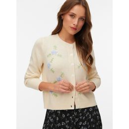 V&eacute;ro Moda Strickjacke VERO MODA "VMCAMILLE LS O-NECK EMB CARDIGAN BTQ", Herren, Gr. M, birch detail:with brunnera blau flower, mistletoe leaf, Strick, Obermaterial: 60% Polyacryl, 40% Baumwolle, bestickt, unifarben, regular fit normal, Rundhals, Strickjacken Strickjacke, Materialmix, regular fit, Stickerei