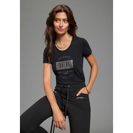 T-Shirt Bruno Banani, Damen, Gr. 32/34, schwarz, Single Jersey, Obermaterial: 95% Baumwolle, 5% Elasthan, bedruckt, Basic h&uuml;ftlang, Rundhals, Shirts T-Shirt, mit schimmerndem Glitzerprint und Basic-Passform