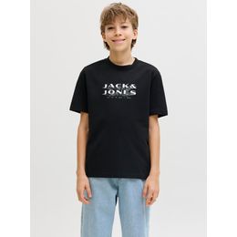 Jack & Jones T-Shirt JACK & JONES JUNIOR "JCOFUSION JJ BRANDING TEE SS CN JNR", Jungen, Gr. 140, schwarz, Single Jersey, Obermaterial: 58% Polyester, 42% Baumwolle, bedruckt, relaxed fit normal, Rundhals, Shirts T-Shirt