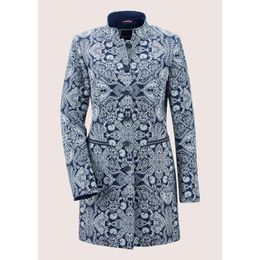 Madeleine Mode Longblazer MADELEINE "Gehrock Gehrock mit Jacquard-Muster", Damen, Gr. 34, blau (marine, wollwei&szlig;), Obermaterial: 62% Polyester PES. 34% Baumwolle CO. 4% Elasthan EL., Blazer Longblazer